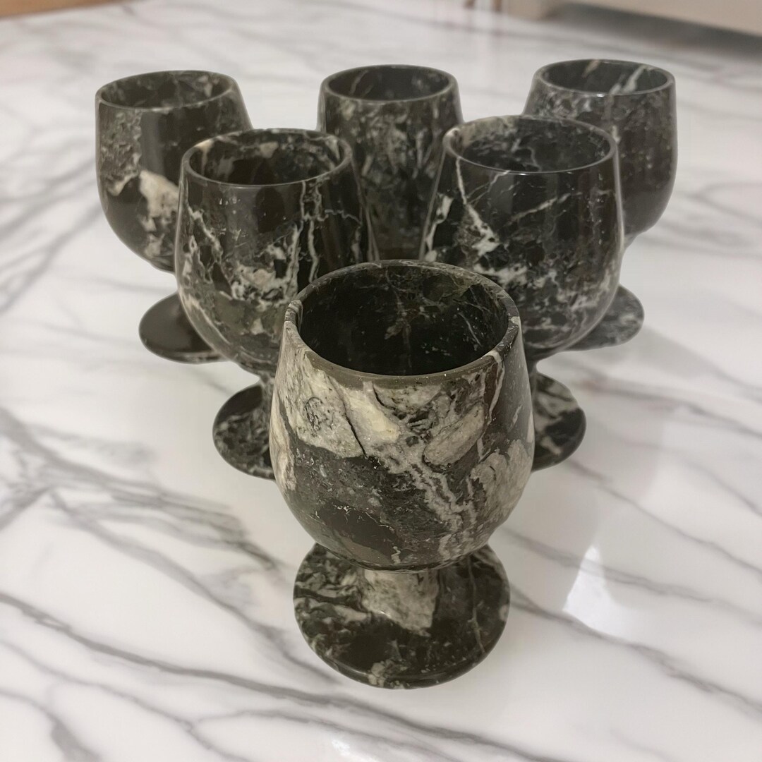 Vintage Marble Goblets, Set of 6 Black With White Veined Stone Marble ...