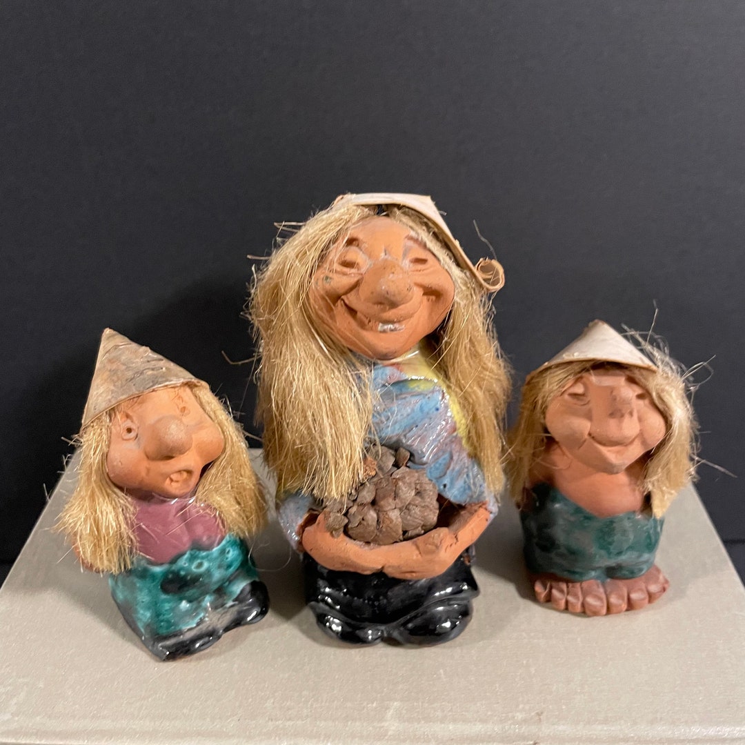 3 Reto Scandinavian Clay Troll Dolls, VTG Grannycore Swedish Troll ...
