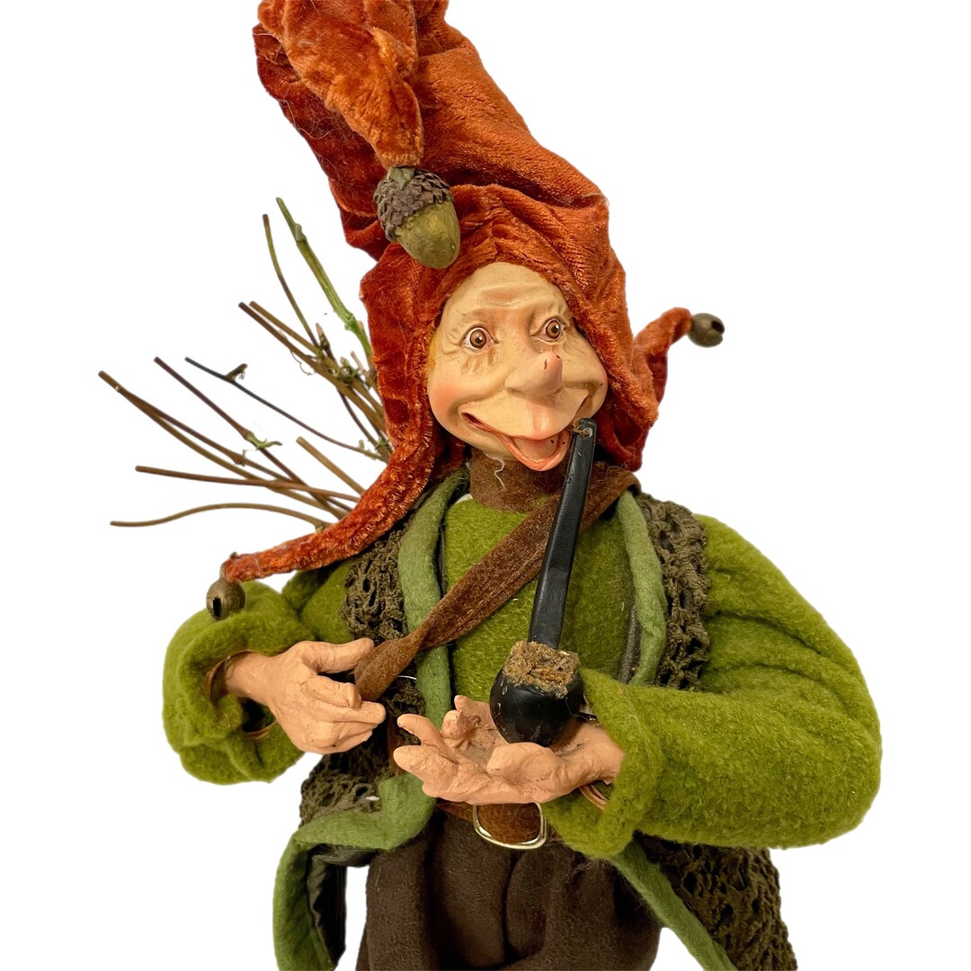 Vintage Irish Folk Elf Doll Smoking A Pipe and Carrying Sticks, Retro ...