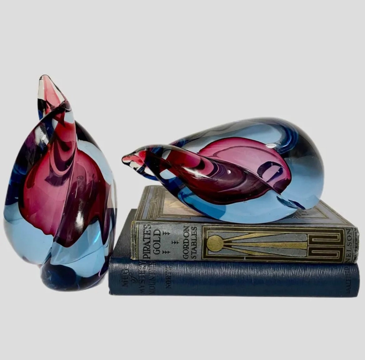 MCM Murano Blue Flame Glass Bookends. Alfredo Barbini Italian Blown Art ...