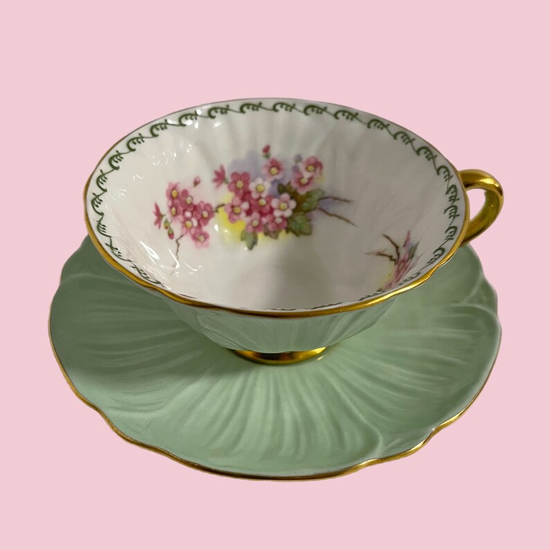 VTG SHELLY Mint Green Oleander Teacup and Saucer, 13533 Stock Flower ...