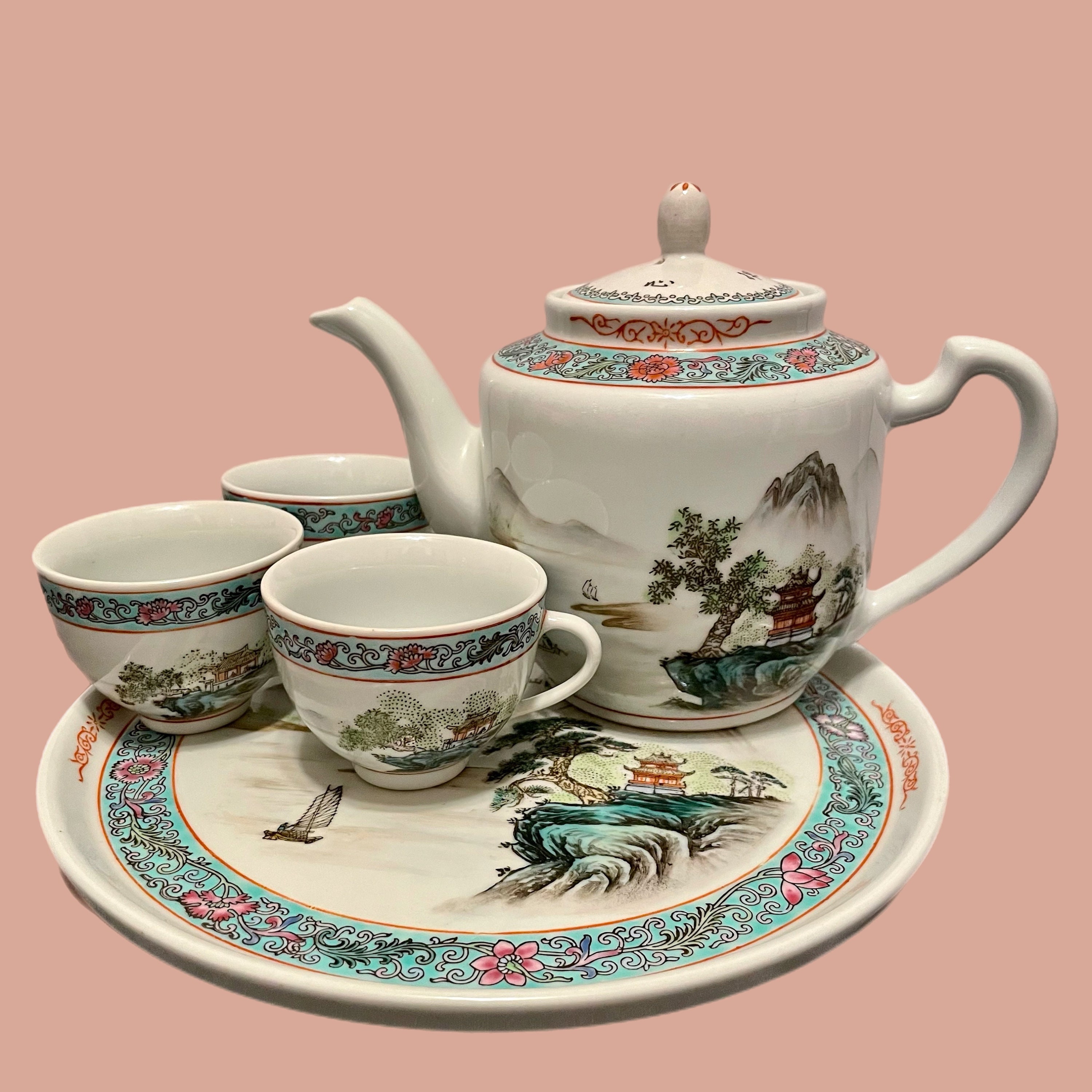 Vintage Chinese Teapot Set Jingdezhen Style Graphics Porcelain - Etsy