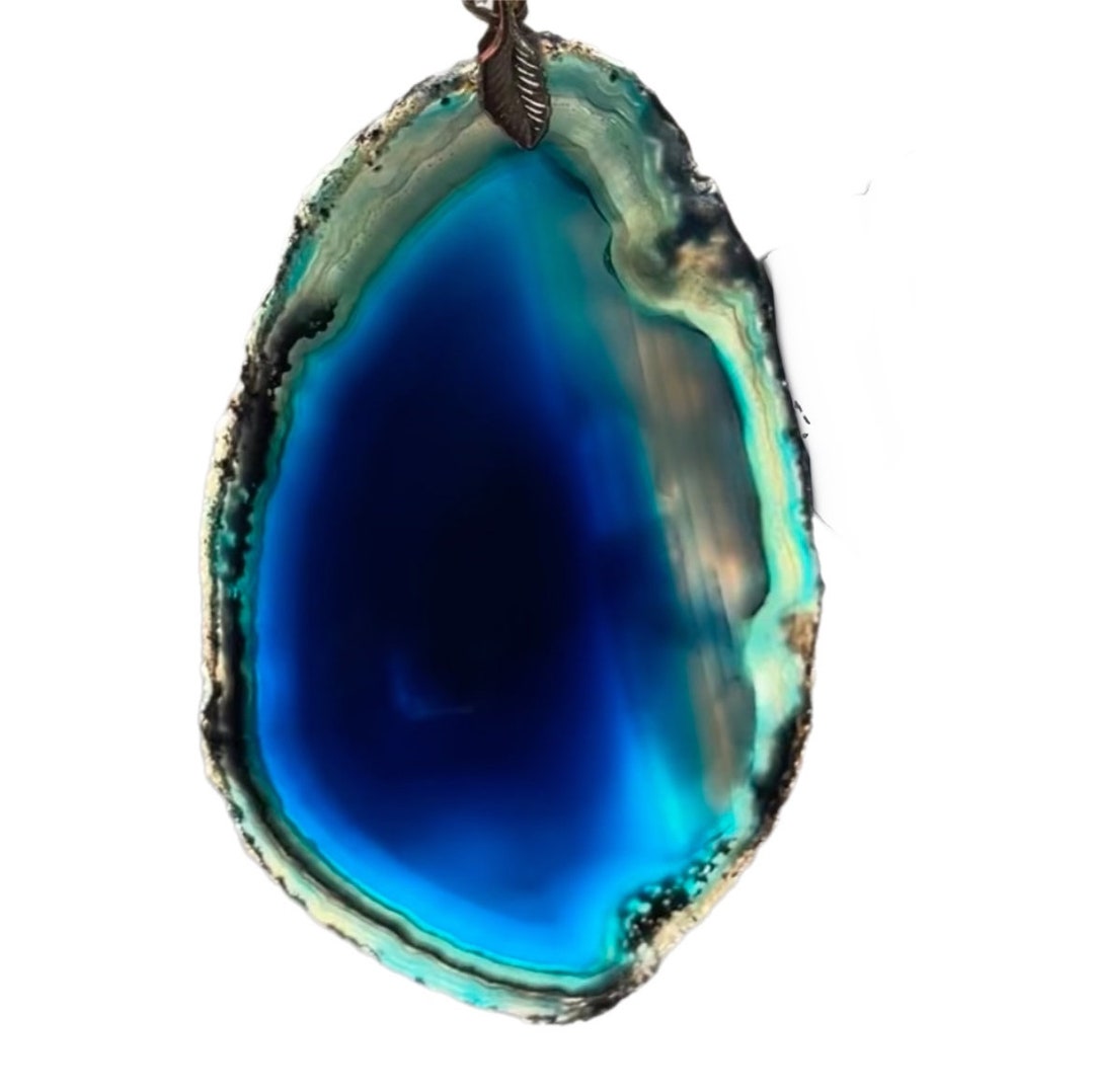 Large Blue Agate Slice Pendant Statement Necklace With Vintage Retro ...