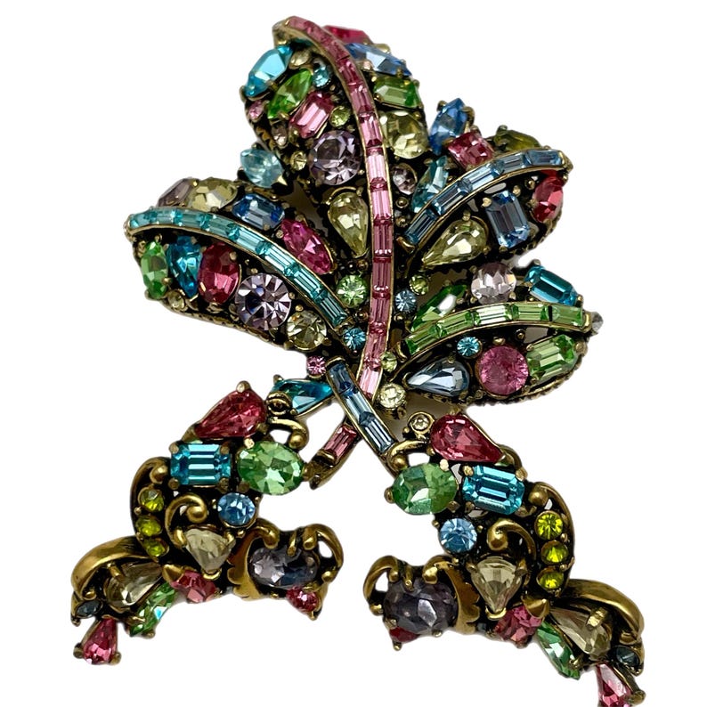 1955 Hollycraft Corp Demi Parure Pastel Baguette Rhinestone Floral ...