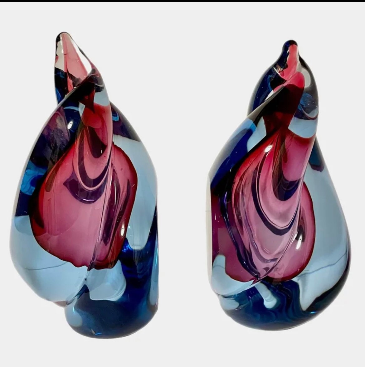 MCM Murano Blue Flame Glass Bookends. Alfredo Barbini Italian Blown Art ...