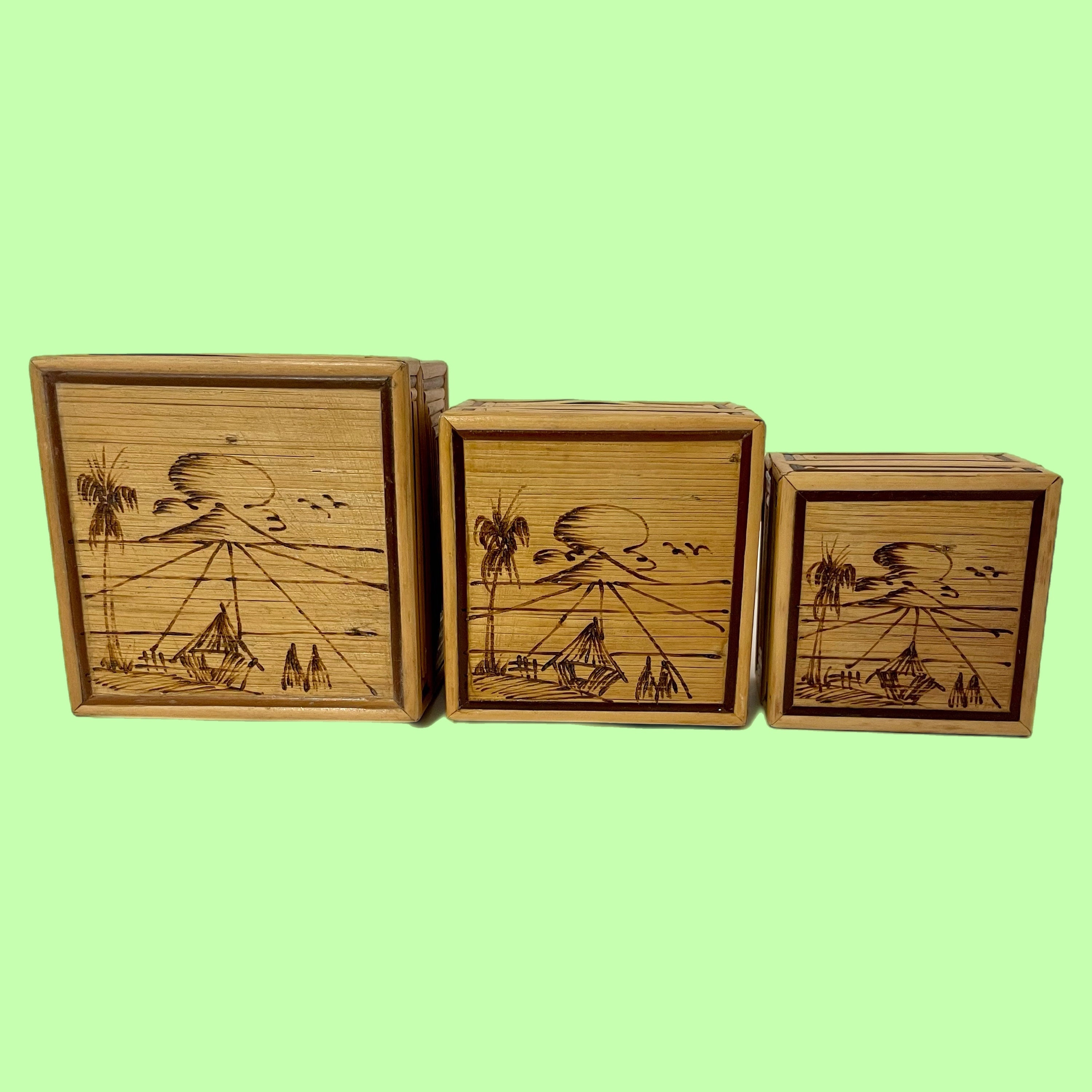 3 Rattan Nesting Boxes, Set of 3 Bamboo Wicker Trinket Wood Boxes With ...