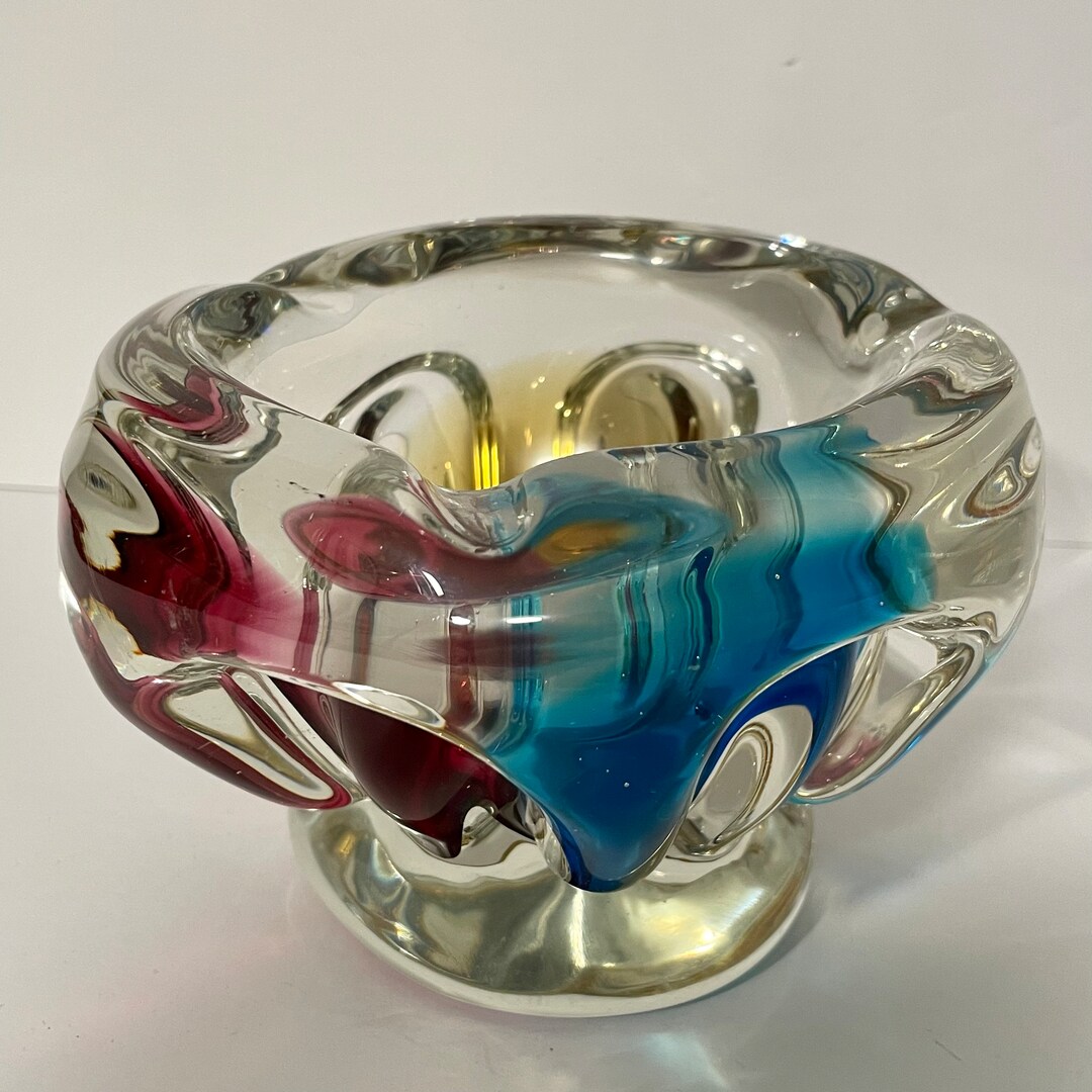 MCM Sanyu Fantasy Art Glass Pink Blue Amber Clear Footed Bowl or ...
