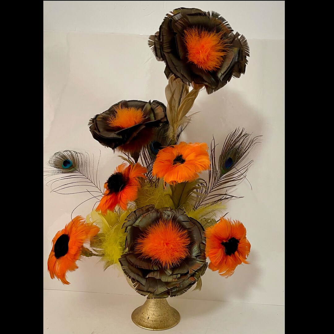 Vintage MCM Feather Flower Arrangement, Kitschy Retro Faux Floral ...