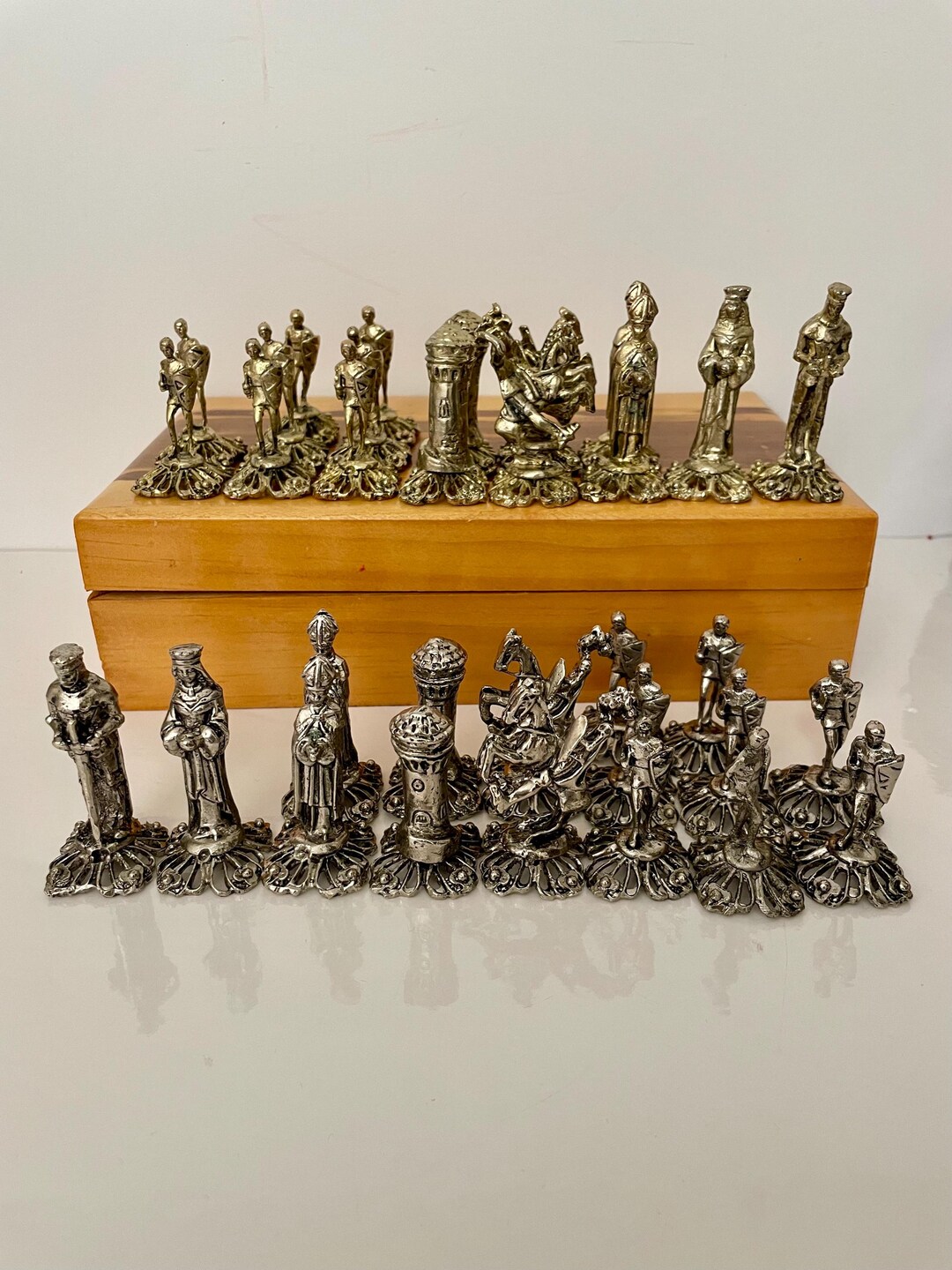 Old Metal Chess Set, Detailed Medieval Figural Pieces W/ Filigree Bases ...