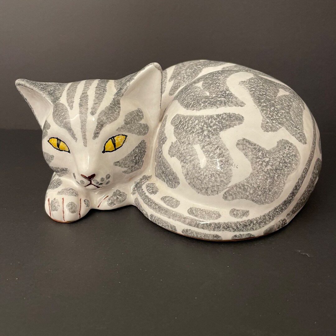 Vintage Italian Ceramic Hand Painted Cat Figure, MCM Style Large Curled ...