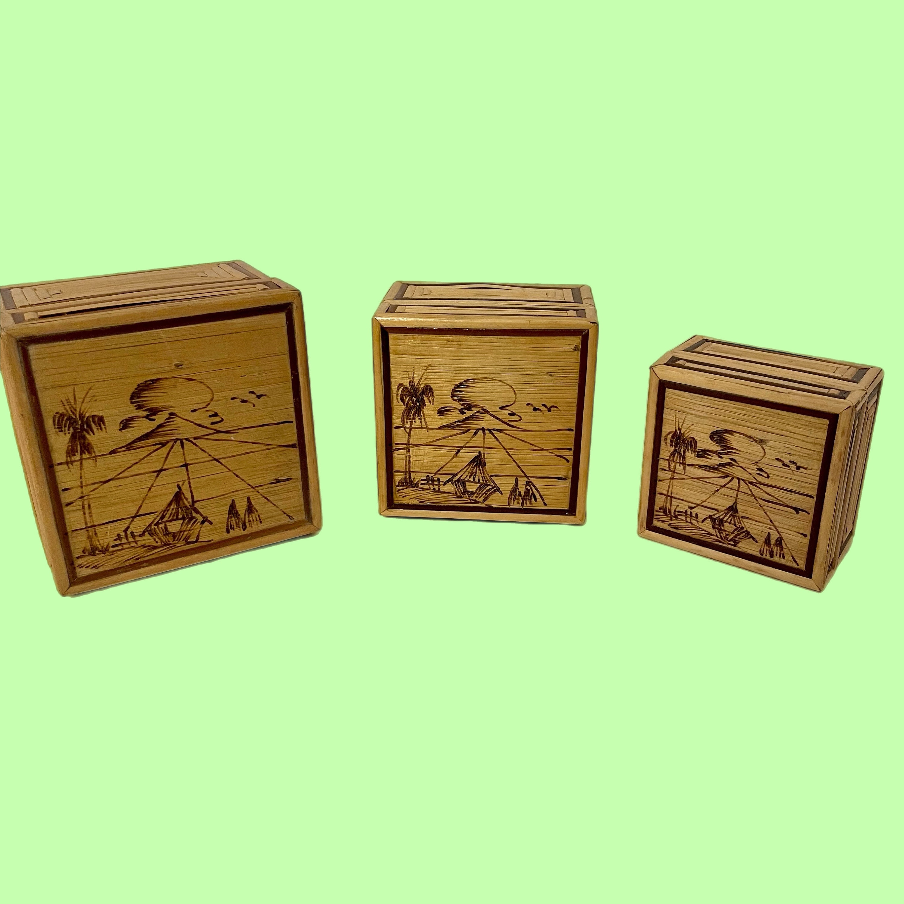 3 Rattan Nesting Boxes, Set of 3 Bamboo Wicker Trinket Wood Boxes With ...
