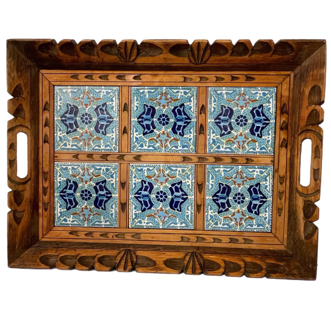 Vintage Mexican Hand Carved Wood Tray With 6 Ceramic Talavera Tile ...