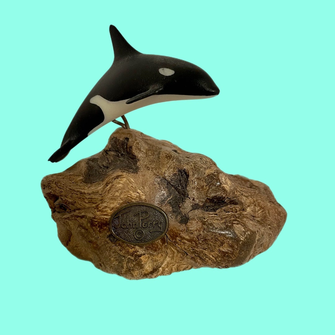 Vintage John Perry ORCA Sculpture Retro Killer Whale on Burlwood Base ...
