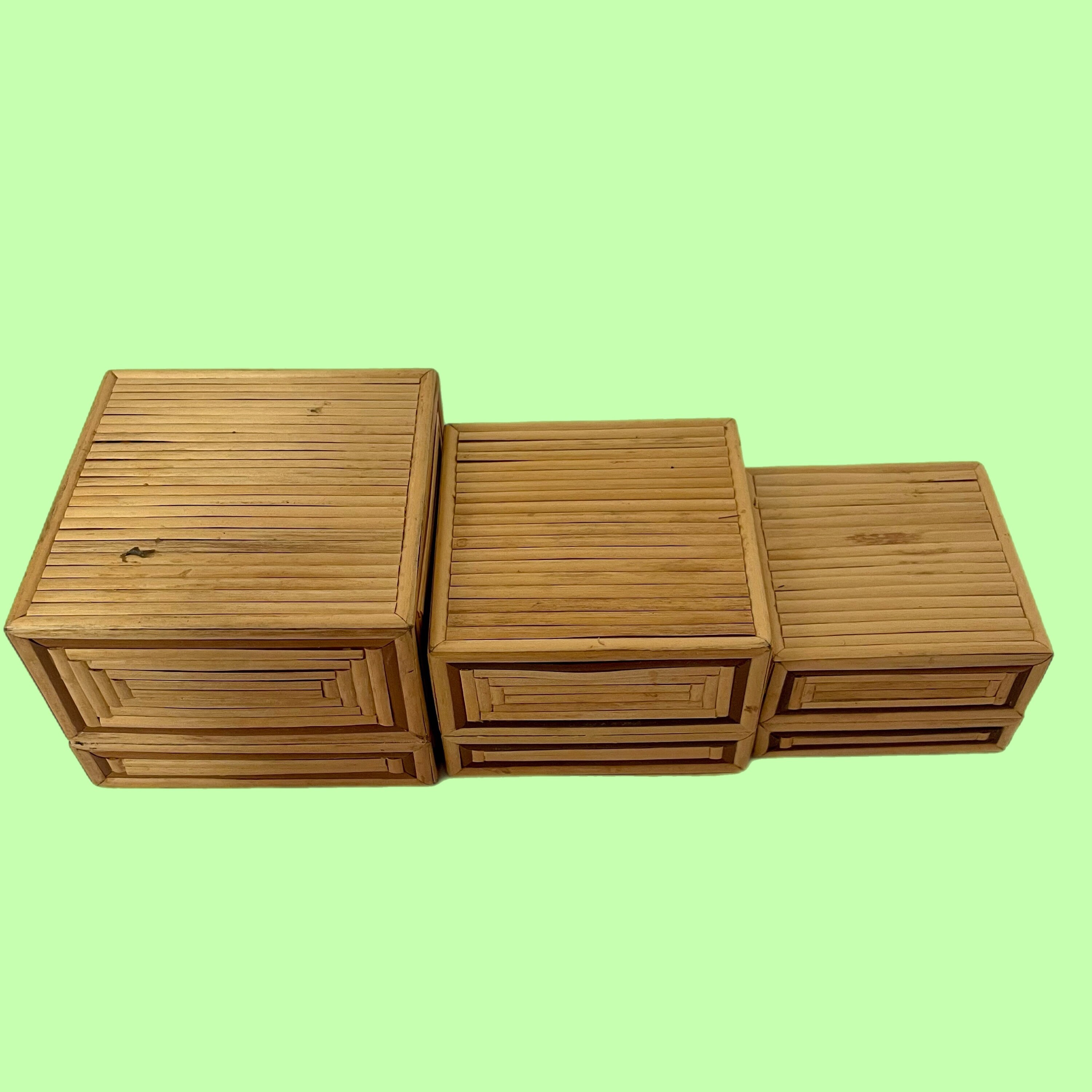 3 Rattan Nesting Boxes, Set of 3 Bamboo Wicker Trinket Wood Boxes With ...