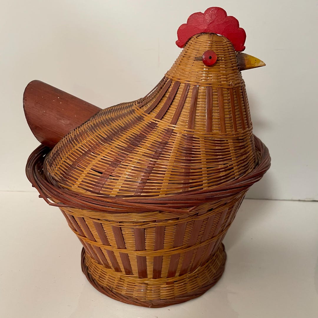 Vintage Wicker Chicken Folk Art Basket 1960s Woven Rattan & Bamboo ...