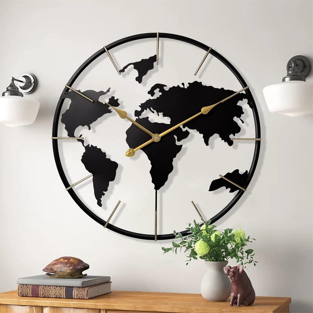 Large World Map Wall Clock, Metal Minimalist Modern Clock,round Silent ...