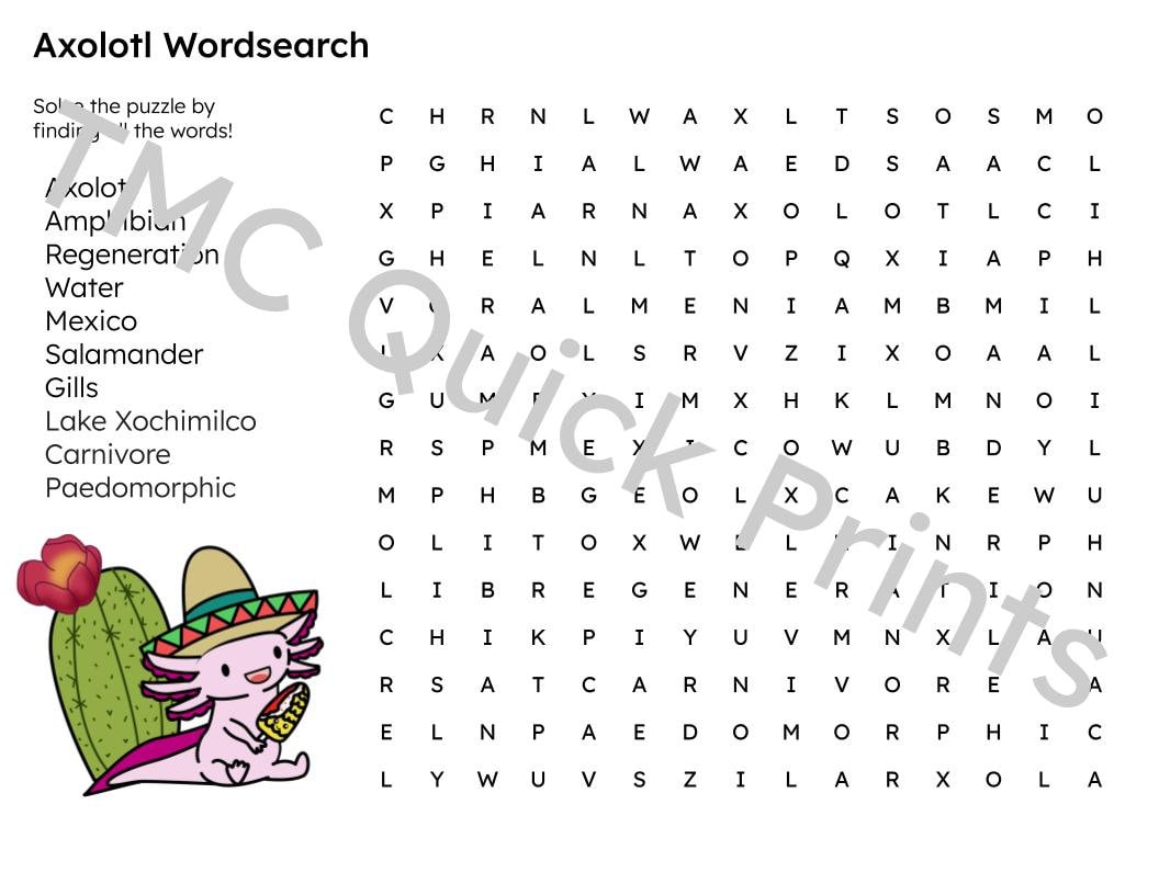 Axolotl Wordsearch | DOWNLOAD | Printable Axolotl Activity | Party Game ...
