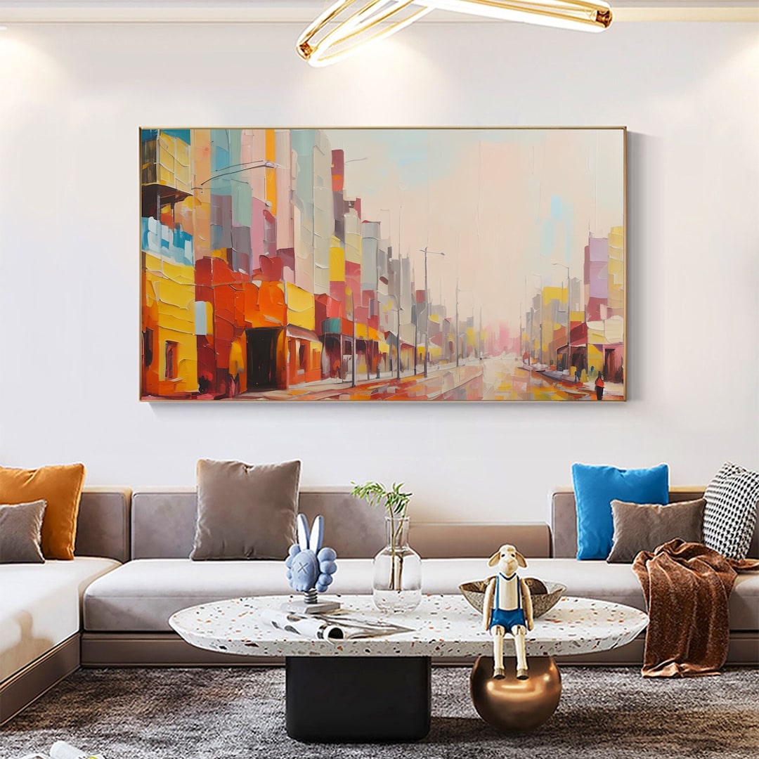 Abstract Cityscape Oil Painting on Canvas, Original Urban Scenery ...