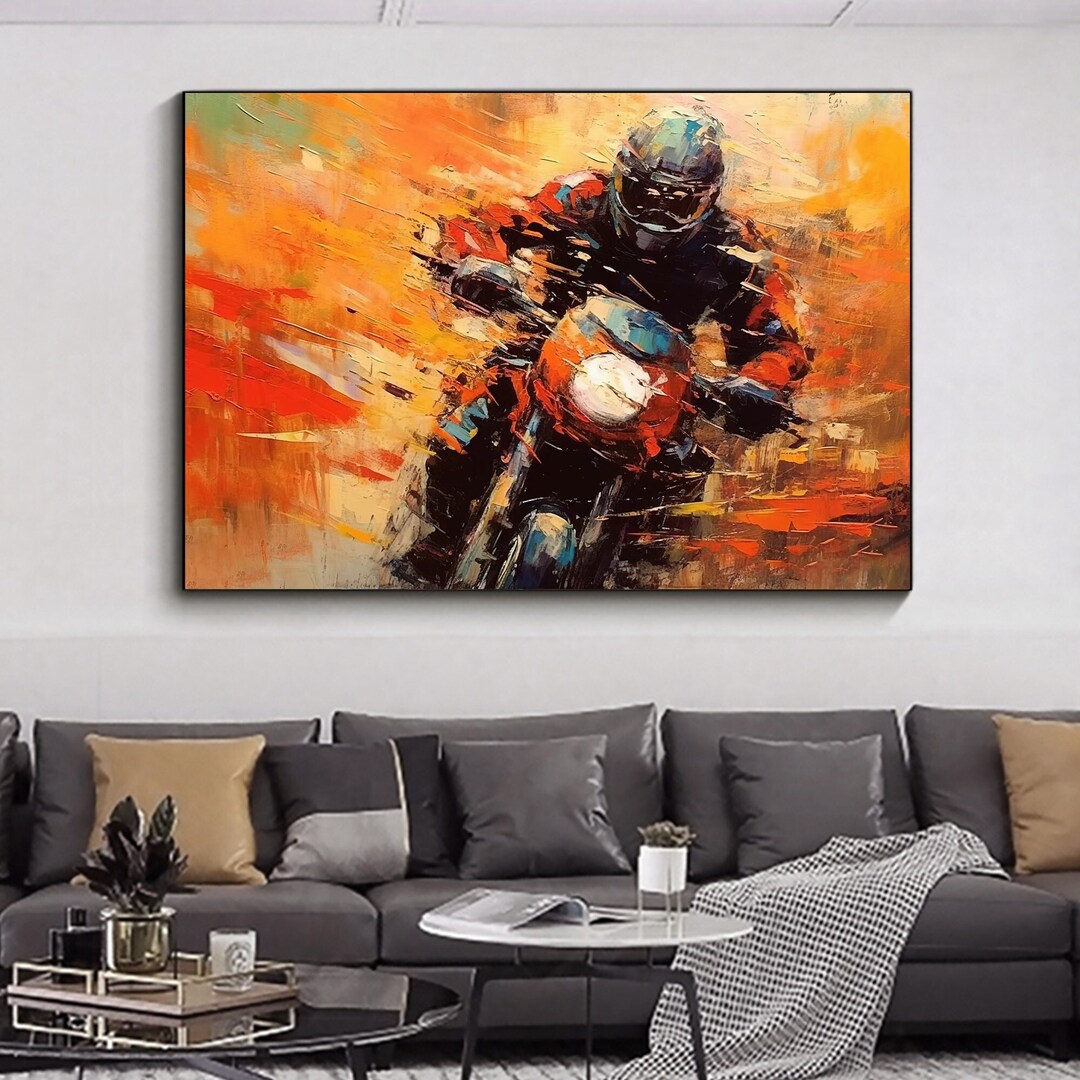 Abstract Motorcycle Oil Painting on Canvas, Original Race Car Sports ...