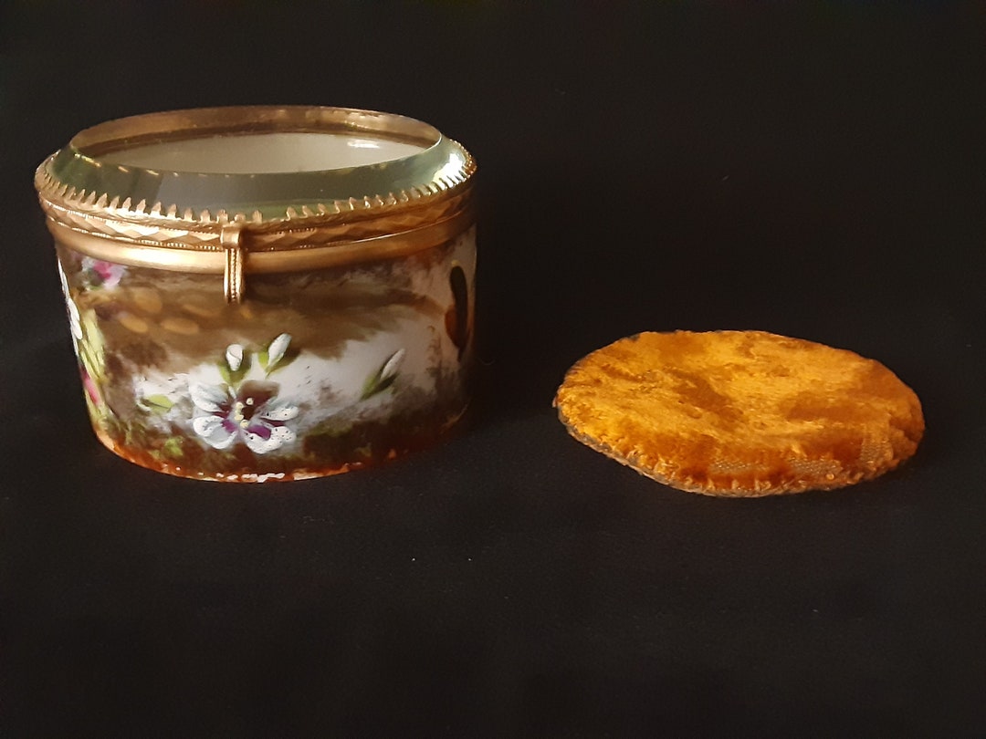 Antique Handpainted Porcelain Powderbox With Beveled Glass Top and ...