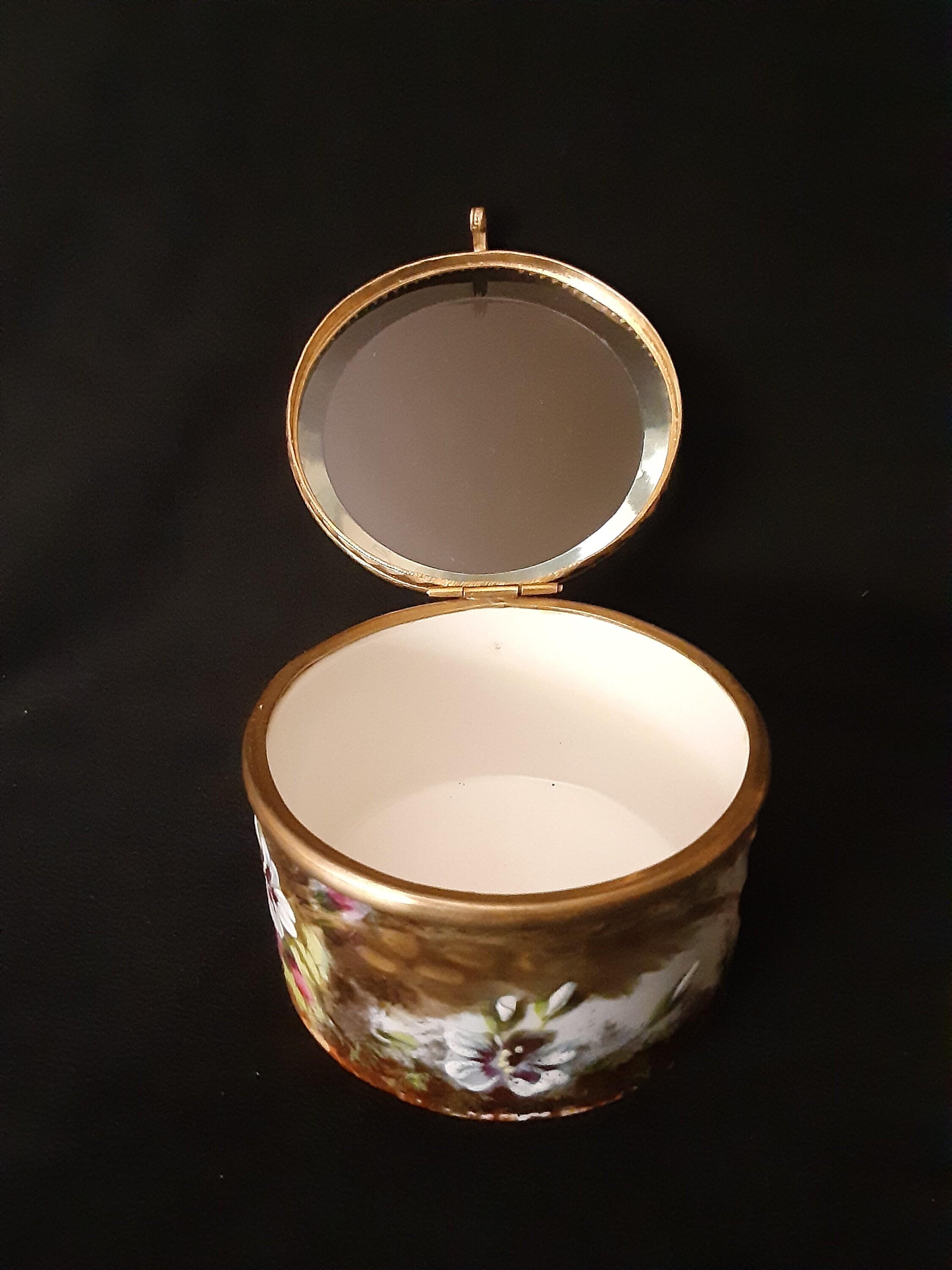 Antique Handpainted Porcelain Powderbox With Beveled Glass Top - Etsy