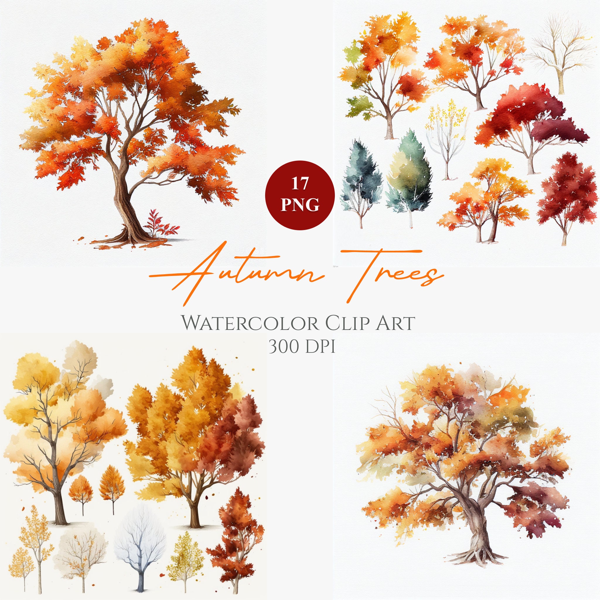 Watercolor Autumn Trees Clipart PNG Bundle, for Commercial Use, 300DPI, Fall Clipart, Junk ...