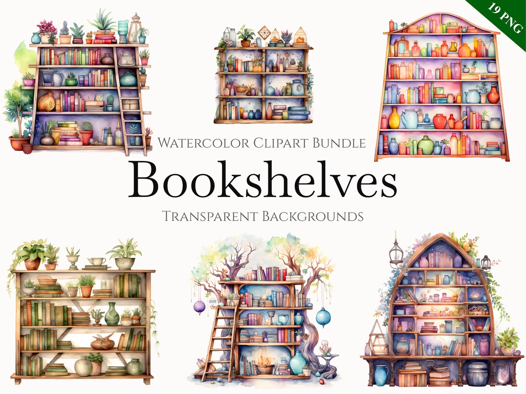 Watercolor Bookshelf Clipart Bundle, Instant Digital Download, 19 High ...