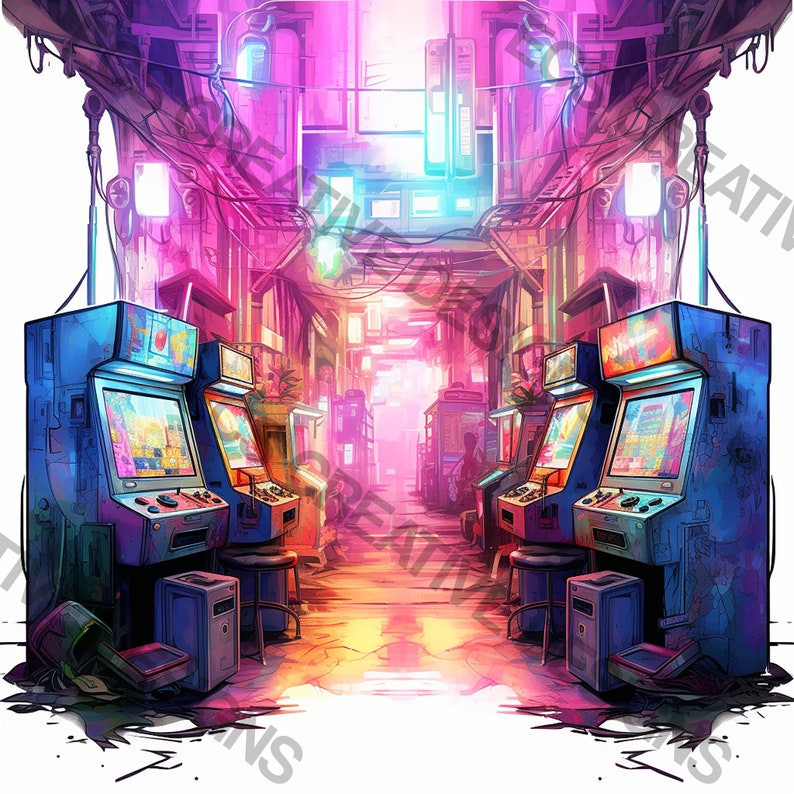 Retro 80s Arcade Machine Clipart Bundle, Watercolor, Retro Gaming ...