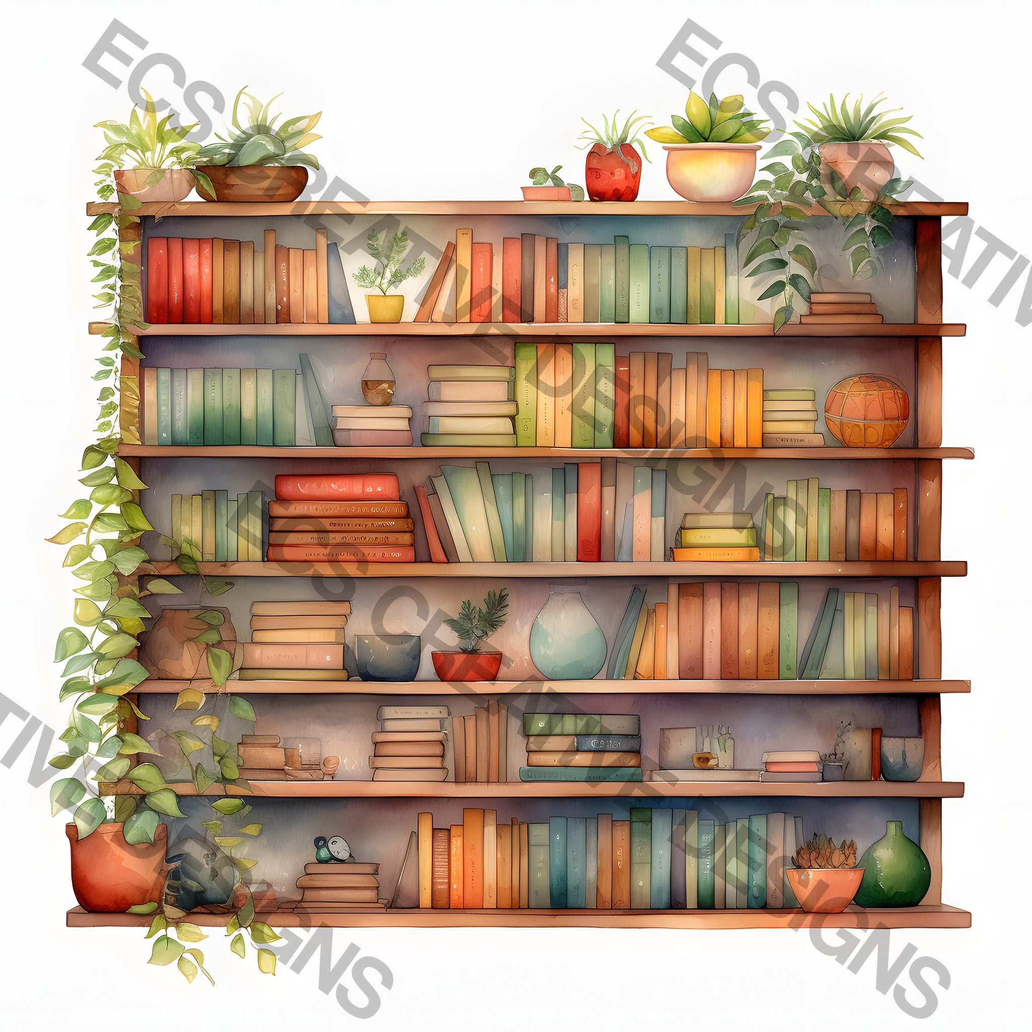 Watercolor Bookshelf Clipart Bundle, Instant Digital Download, 19 High ...