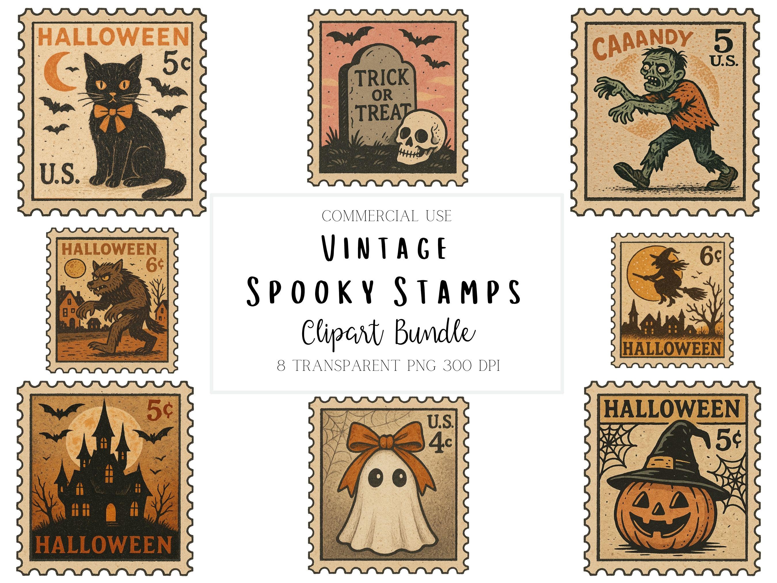 Vintage Halloween Stamp Clipart – Spooky Retro Postage PNG Bundle for ...