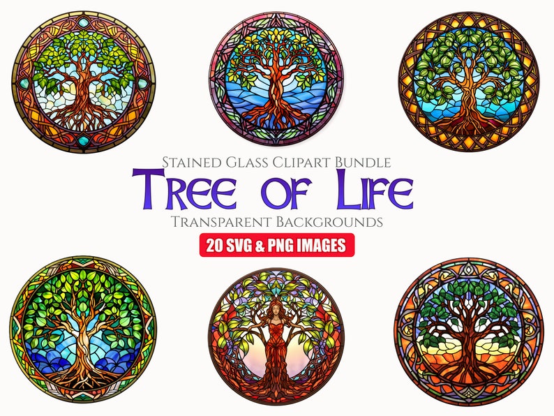 Tree of Life Stained Glass Clipart Bundle, Instant Digital Download, 20 ...