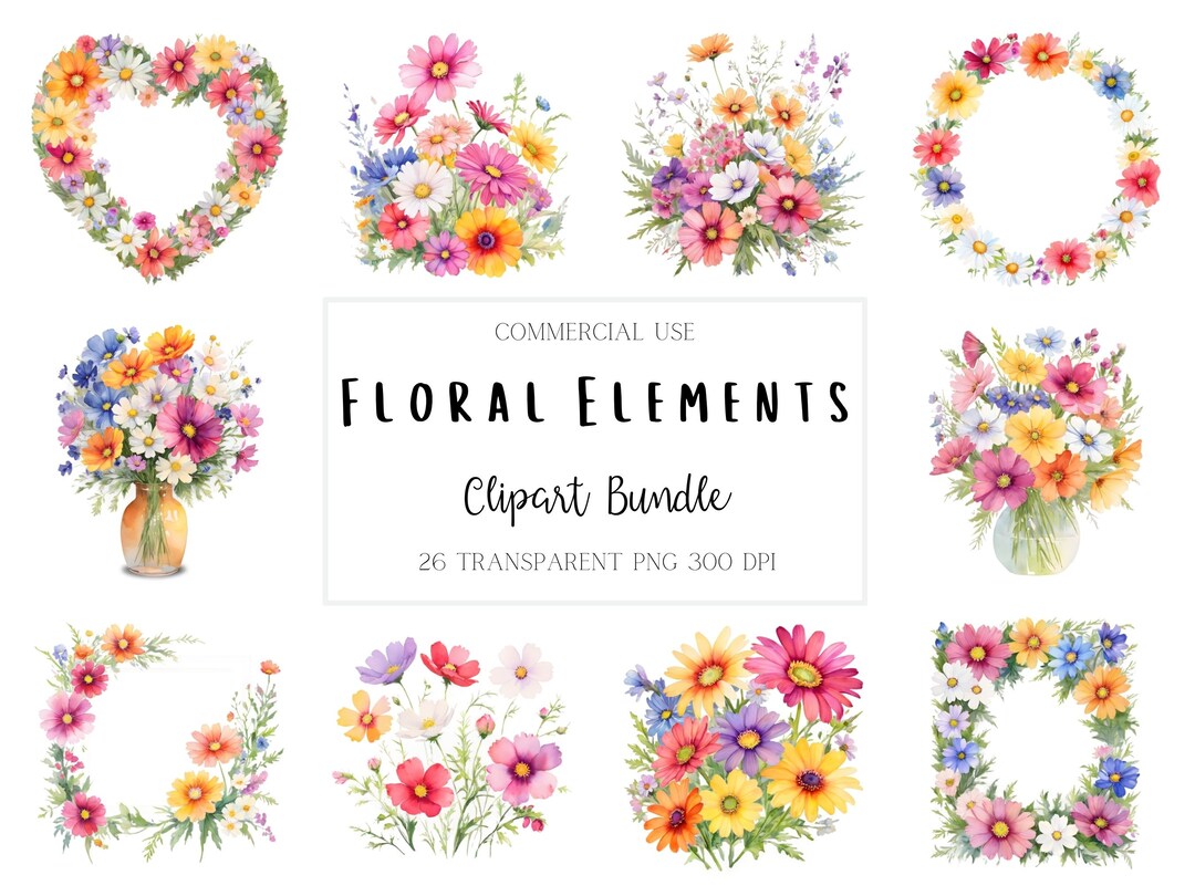 26 Floral Elements Clipart Bundle, 300 DPI Transparent Pngs, Download ...