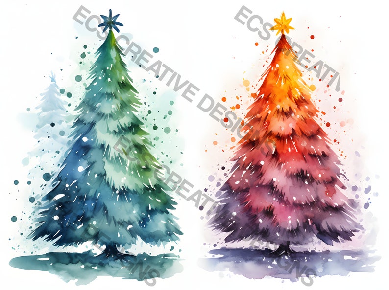 Watercolor Christmas Tree Clipart Bundle, Instant Digital Download, 12 ...