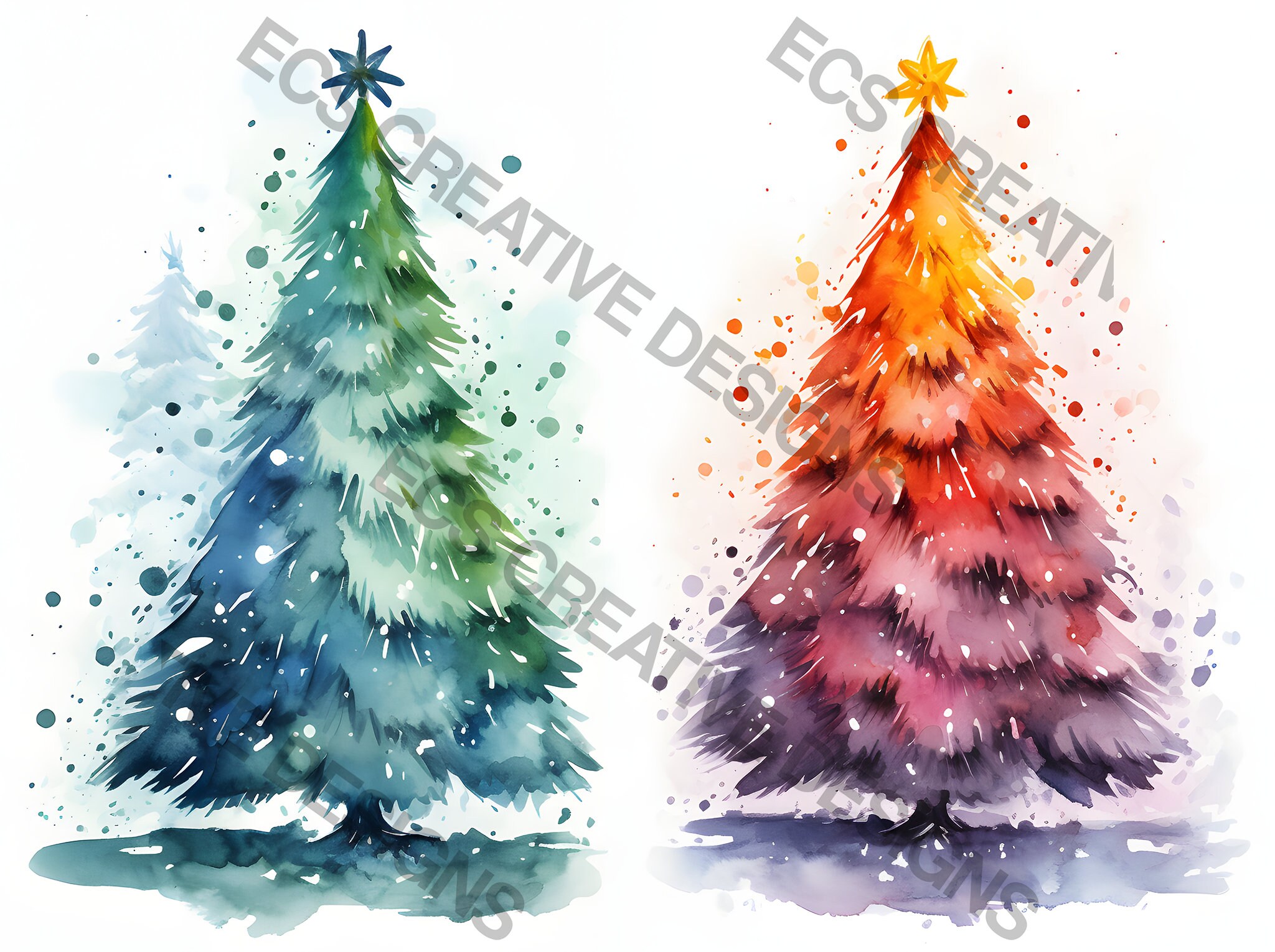Watercolor Christmas Tree Clipart Bundle, Instant Digital Download, 12 ...