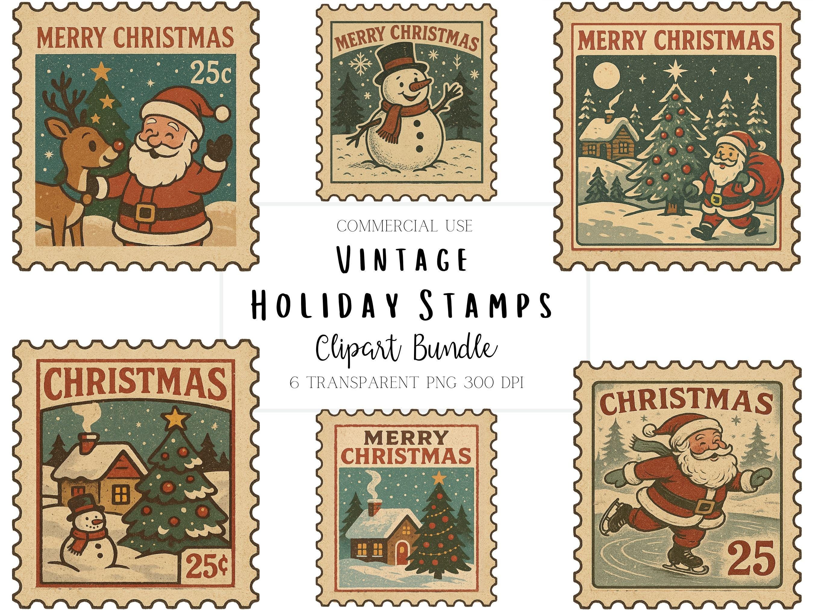 Vintage Christmas Stamp Clipart Bundle | Retro Holiday Digital Stamps ...
