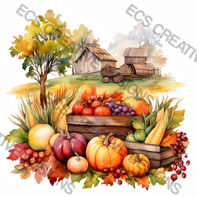 Watercolor Autumn Harvest Clipart Bundle of 26 PNG Files for Digital ...