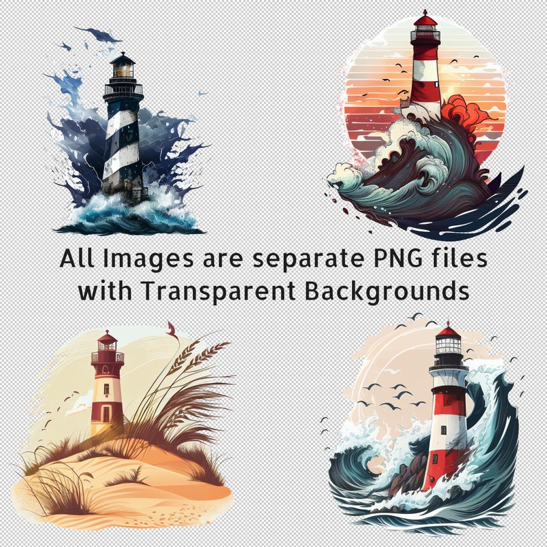 Lighthouse Vector Style Clipart PNG Bundle, Transparent Backgrounds ...