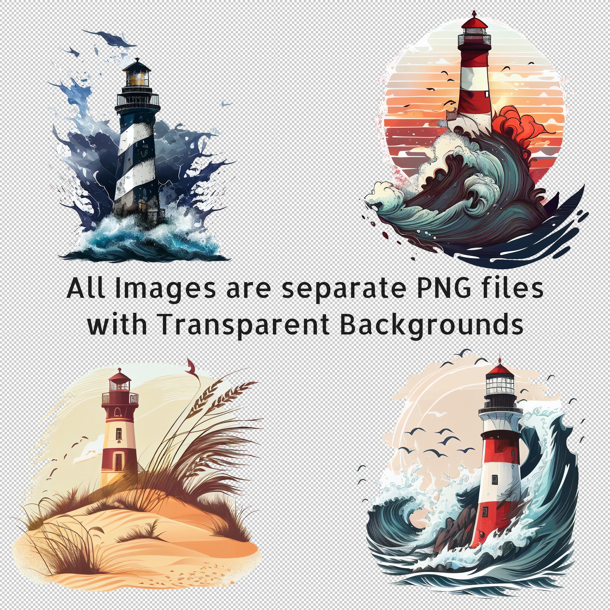 Lighthouse Vector Style Clipart PNG Bundle, Transparent Backgrounds ...
