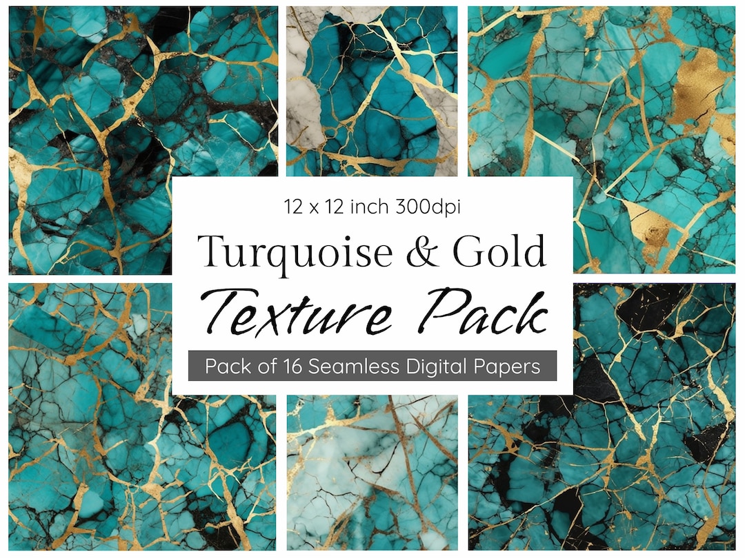 16 Turquoise and Gold Seamless Textures, Marble Digital Paper ...