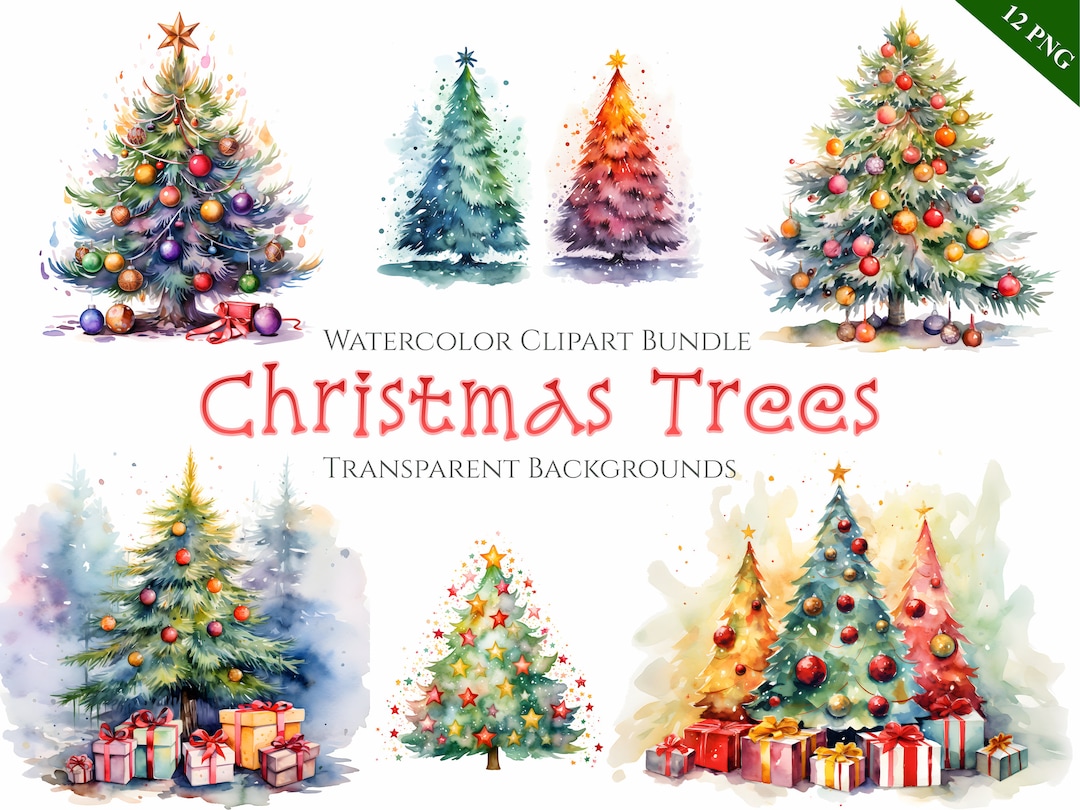 Watercolor Christmas Tree Clipart Bundle, Instant Digital Download, 12 ...