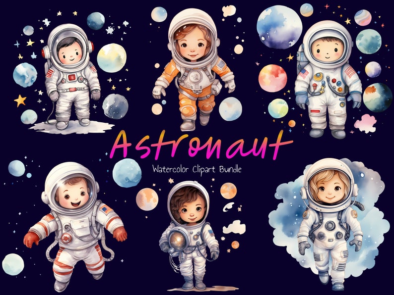 Cute Astronauts Watercolor Clipart Bundle, Instant Digital Download ...