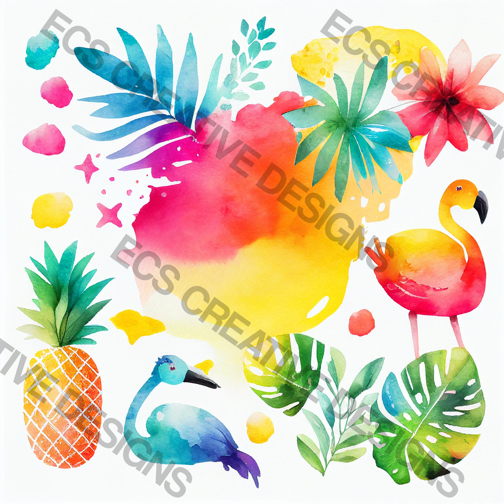 Tropical Summer Watercolor Clipart Bundle PNG Instant - Etsy