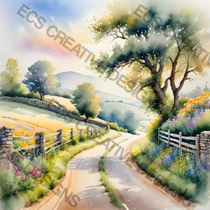 Country Lane Watercolor Clipart Bundle, 35 High Quality JPG, 300dpi ...