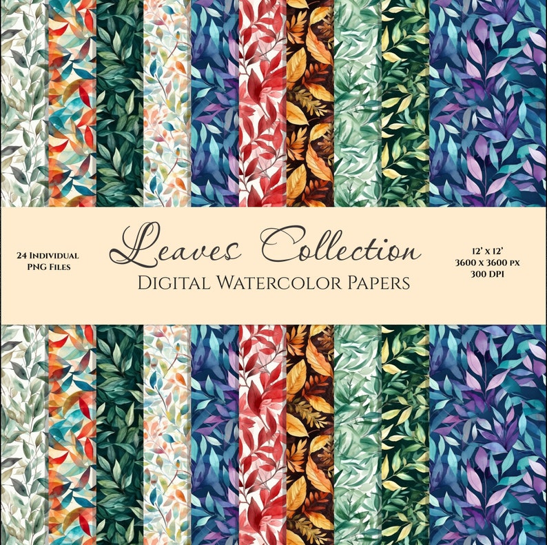 Watercolor Leaves, Seamless Pattern, Digital Paper Bundle, Commercial ...