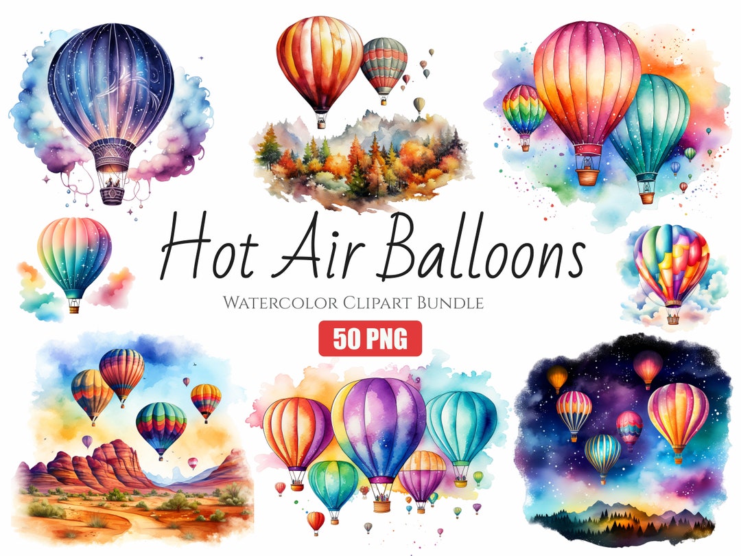 50 Watercolor Hot Air Balloon Clipart Bundle, High Quality PNG Files ...