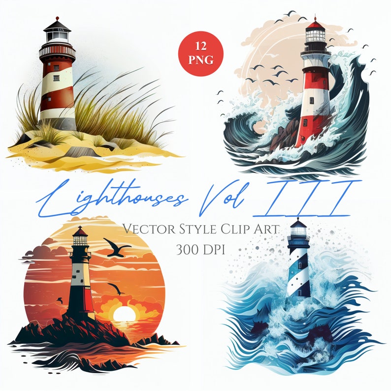 Lighthouse Vector Style Clipart PNG Bundle, Transparent Backgrounds ...