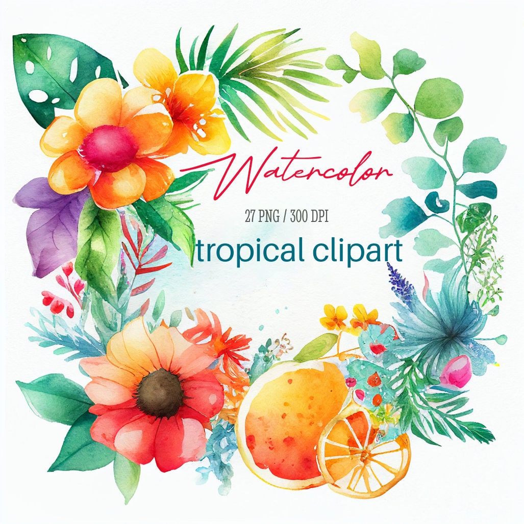 Tropical Summer Watercolor Clipart Bundle PNG Instant - Etsy