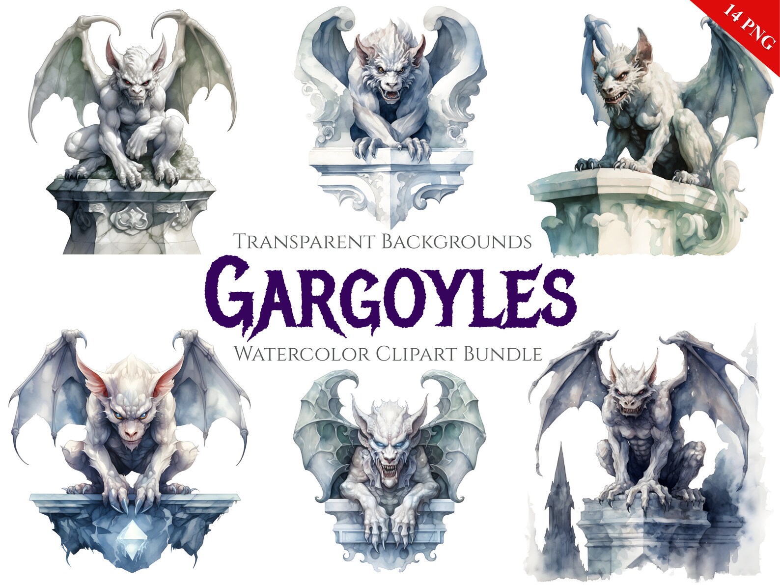 Watercolor Gargoyle Clipart, 14 PNG Gothic Gargoyle Bundle, Transparent ...
