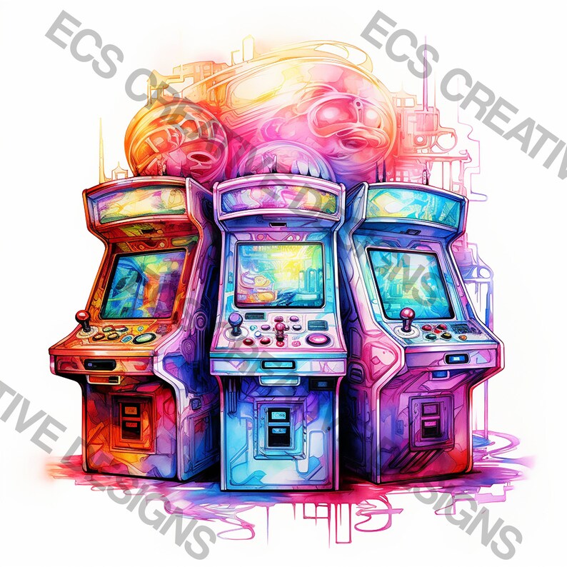 Retro 80s Arcade Machine Clipart Bundle, Watercolor, Retro Gaming ...