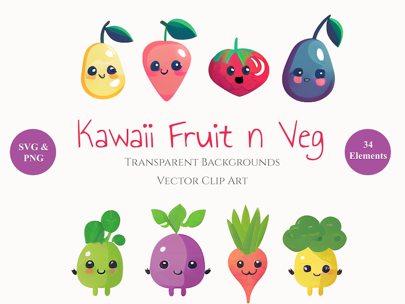 Cute Kawaii Fruit and Vegtable Clipart Set, Digital Download, Printable ...